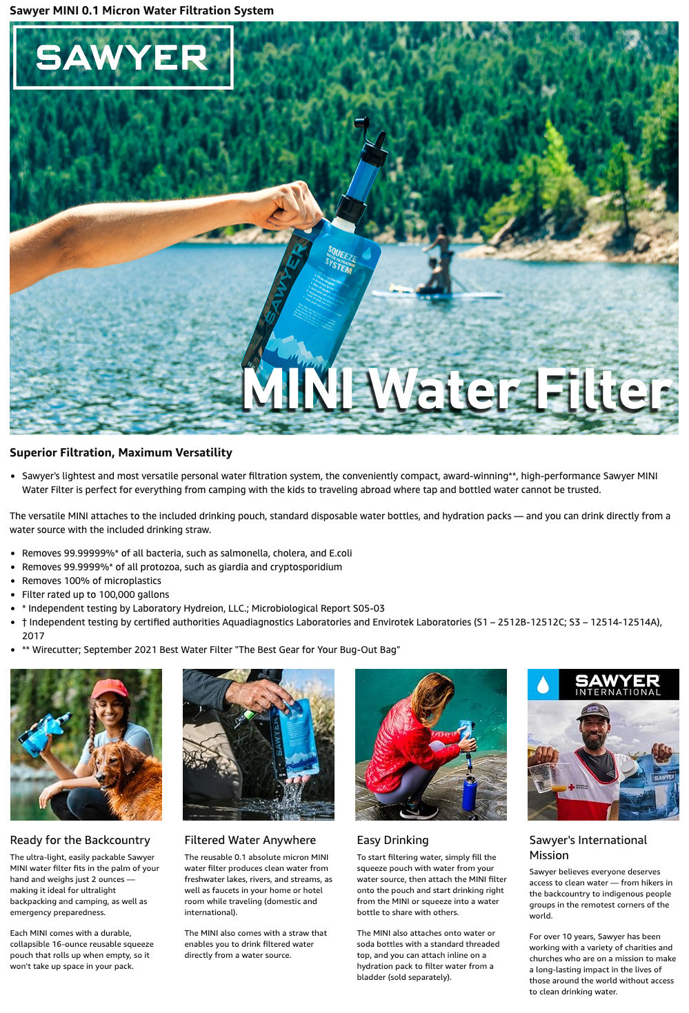 SAWYER MINI Water Filter Pouch Hiking Camping Emergency Removes ...