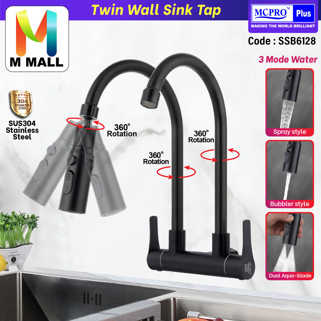 MCPRO SUS304 Stainless Steel Kitchen Faucet BLACK Twin Wall Sink Tap ...