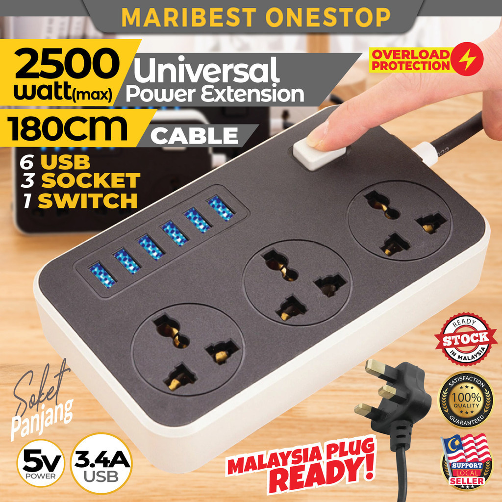 6 USB Port 3 Universal Power Strip Extension Plug Power Socket Electric ...