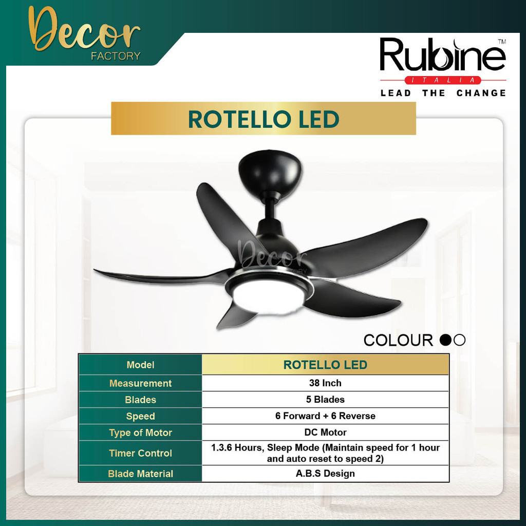 RUBINE Fan RUBINE ROTELLO Series 38" 5 Blades DC Motor With 6 Speed+6 Reverse Remote Control ...