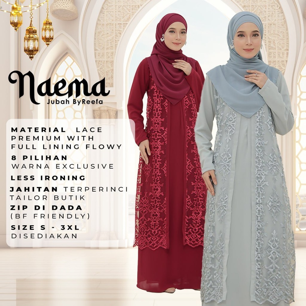 ByReefa | Jubah NAEMA Premium Lace with Full Lining | Less Iron | Cutting A Cut | Shopee Malaysia