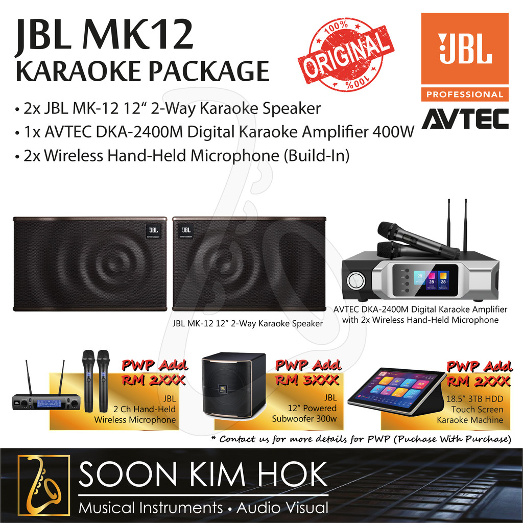 JBL MK12 12'' Karaoke Speaker + AVTEC DKA-2400M Karaoke Amplifier with 2x Wireless Microphone ...
