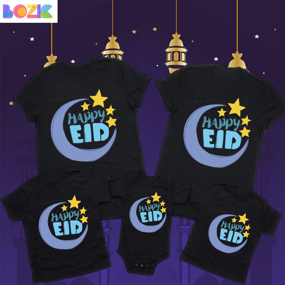 Happy Eid Print Muslim Family Black T-shirt Eid Mubarak Short Sleever ...
