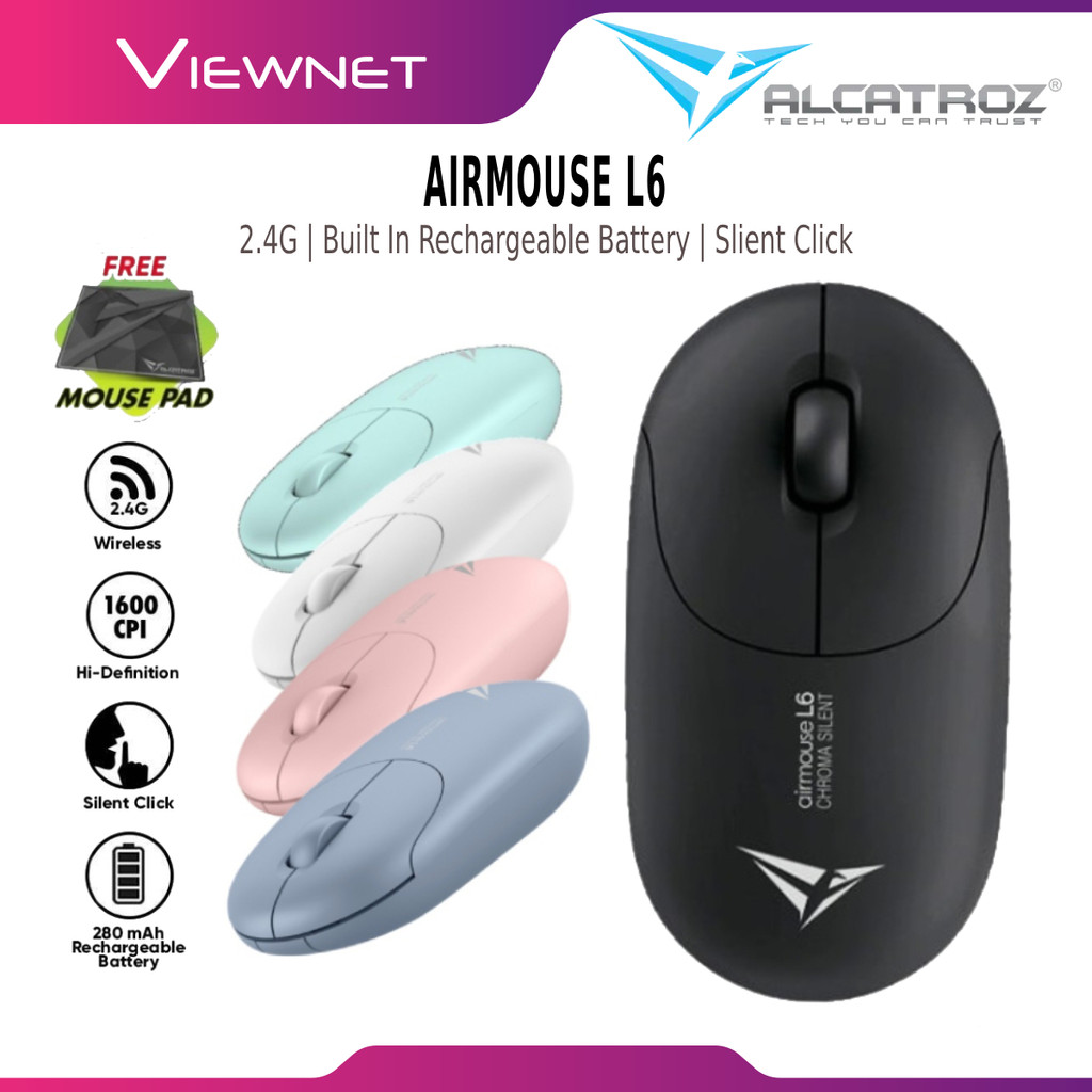 ALCATROZ WIRELESS MOUSE AIRMOUSE L6 2.4G SILENT MOUSE 1600 CPI 2 BUTTON + 2 WAY CLICK WHEEL ...
