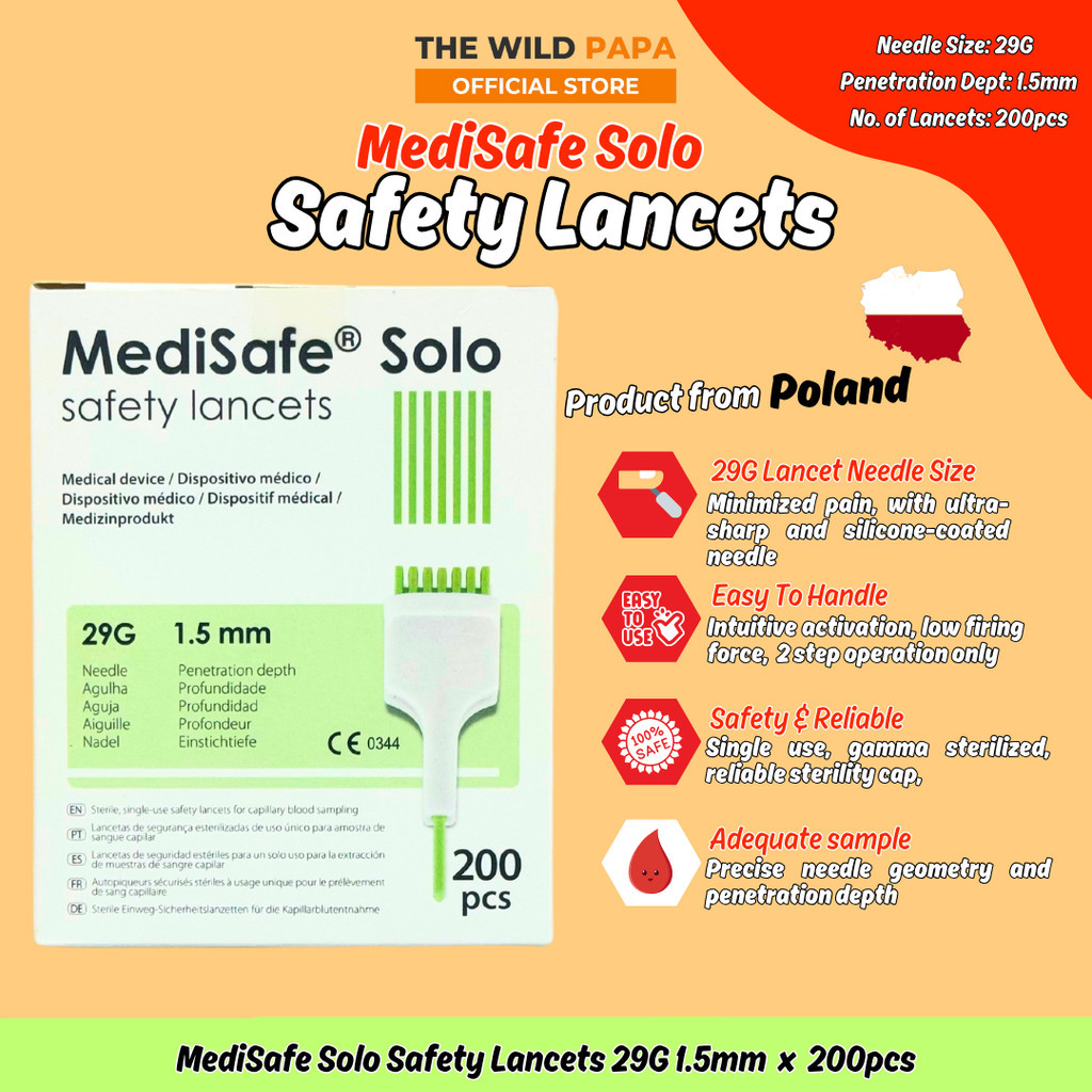 MediSafe Solo Safety Lancets 29G 1.5mm 200pcs Sterile Single Use Pain ...