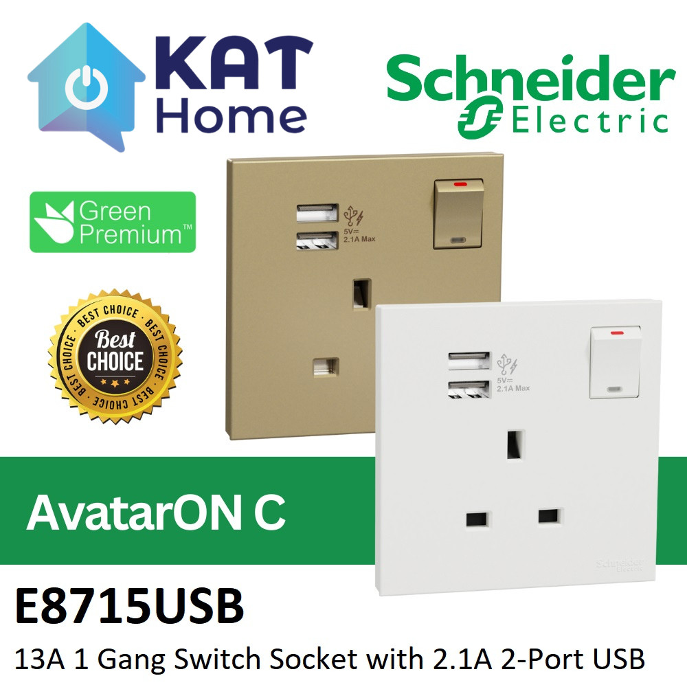 SCHNEIDER ELECTRIC AVATARON C 13A 1 GANG SWITCH SOCKET + 2.1A USB PORT ...
