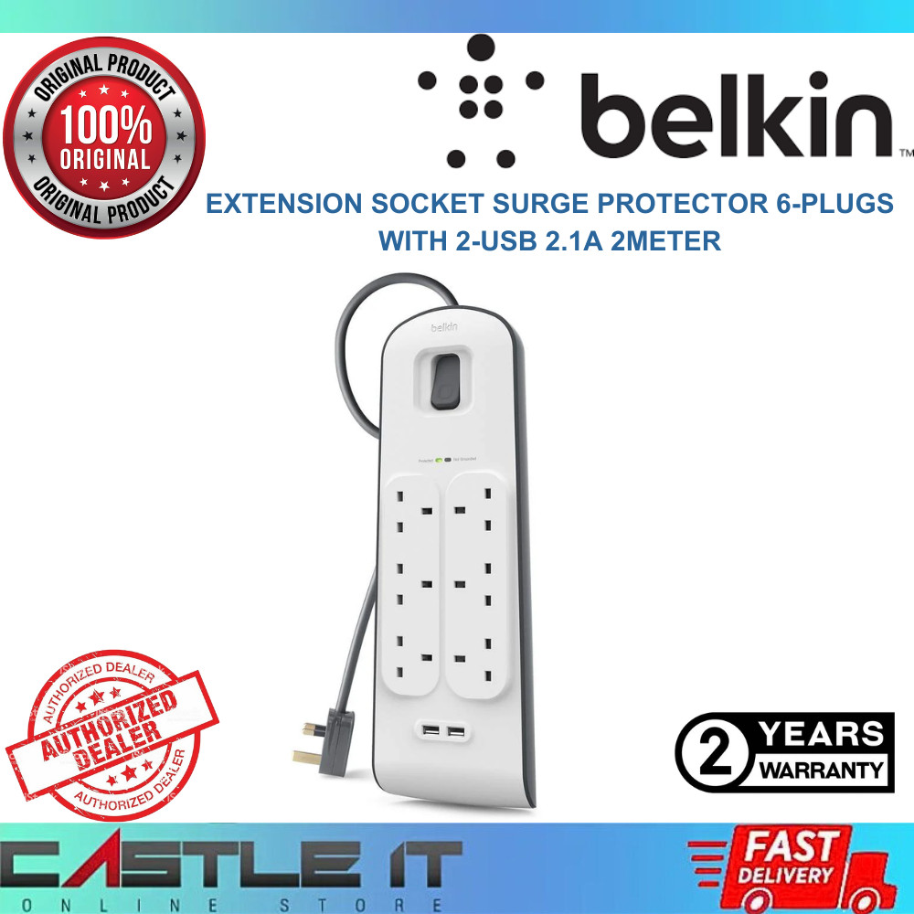 Belkin BSV604SA2M EXTENSION Socket Surge Protector 6-Plugs With 2-USB 2 ...