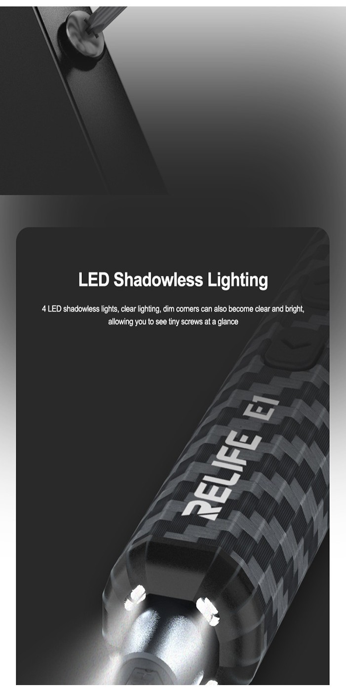 RELIFE E1 Carbon Fiber Electric Torque Screwdriver Set 12 Bits 4LED Shadowless Lights for Mobile ...