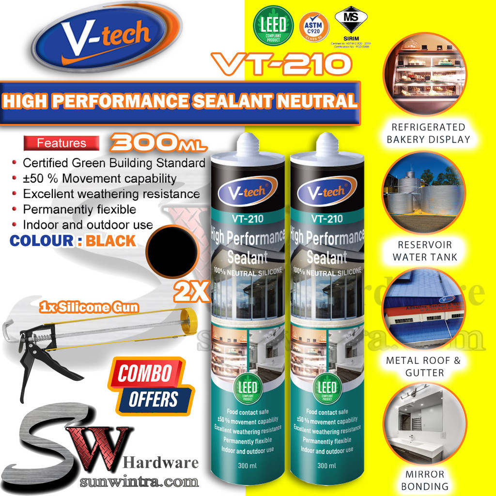 COMBO 2X V-Tech 300ML VT-210 High Performance Sealant 100%Neutral Silicone VT210+ Gun ...