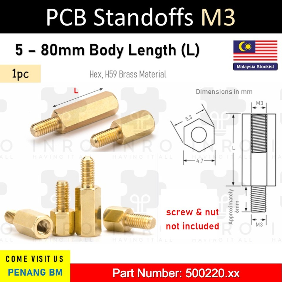 M3 PCB Standoff (Screw & Nut) Length= 5mm / 10mm / 15mm / 20mm / 25mm / 30mm / 35mm/ 40mm / 50mm ...