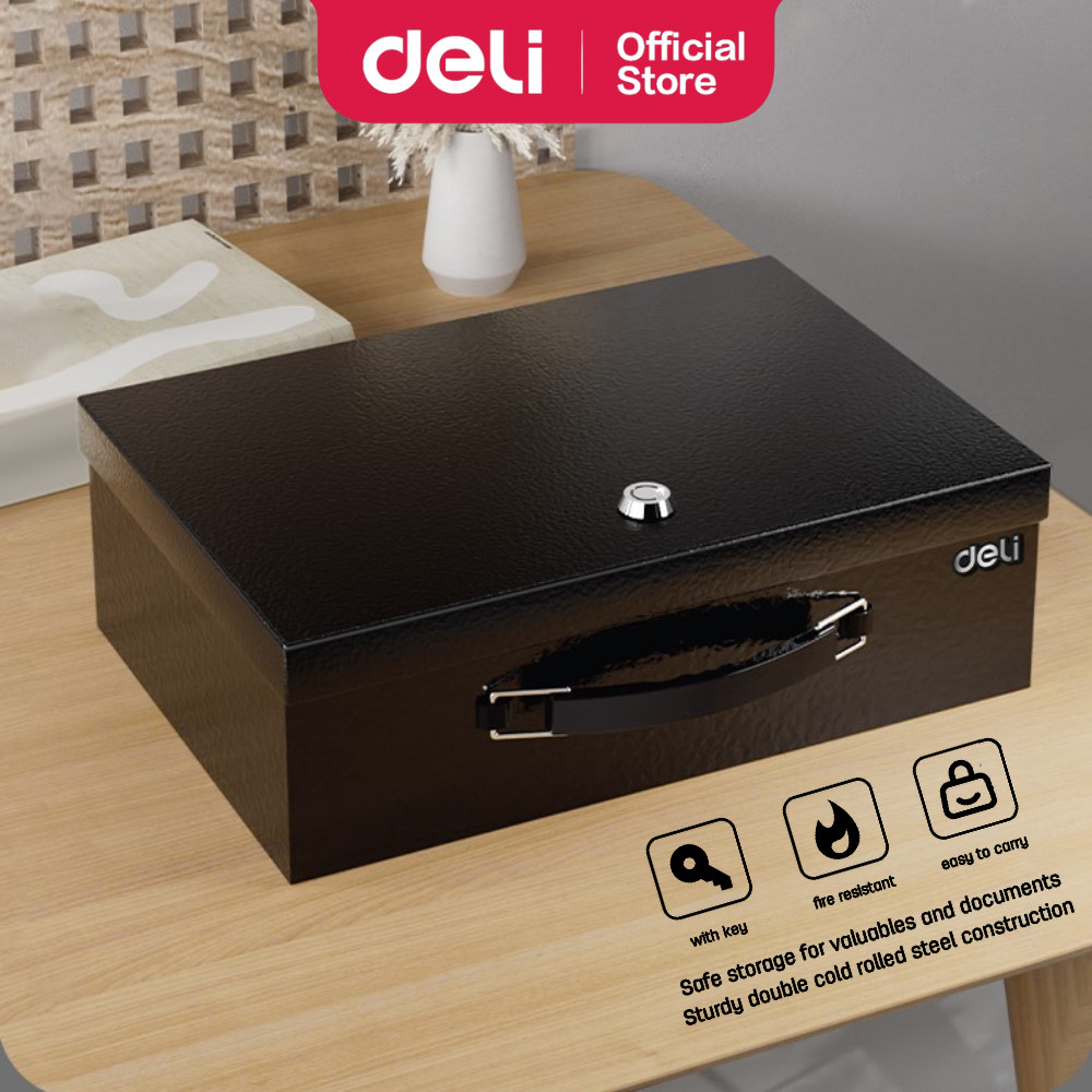 Deli Portable Fireproof Cash Box Document Security Safe Box Keypad Fire ...