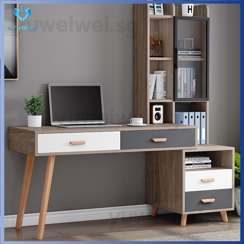 Solid Wood Office Table Nordic Study Table Bookshelf Study Desk ...