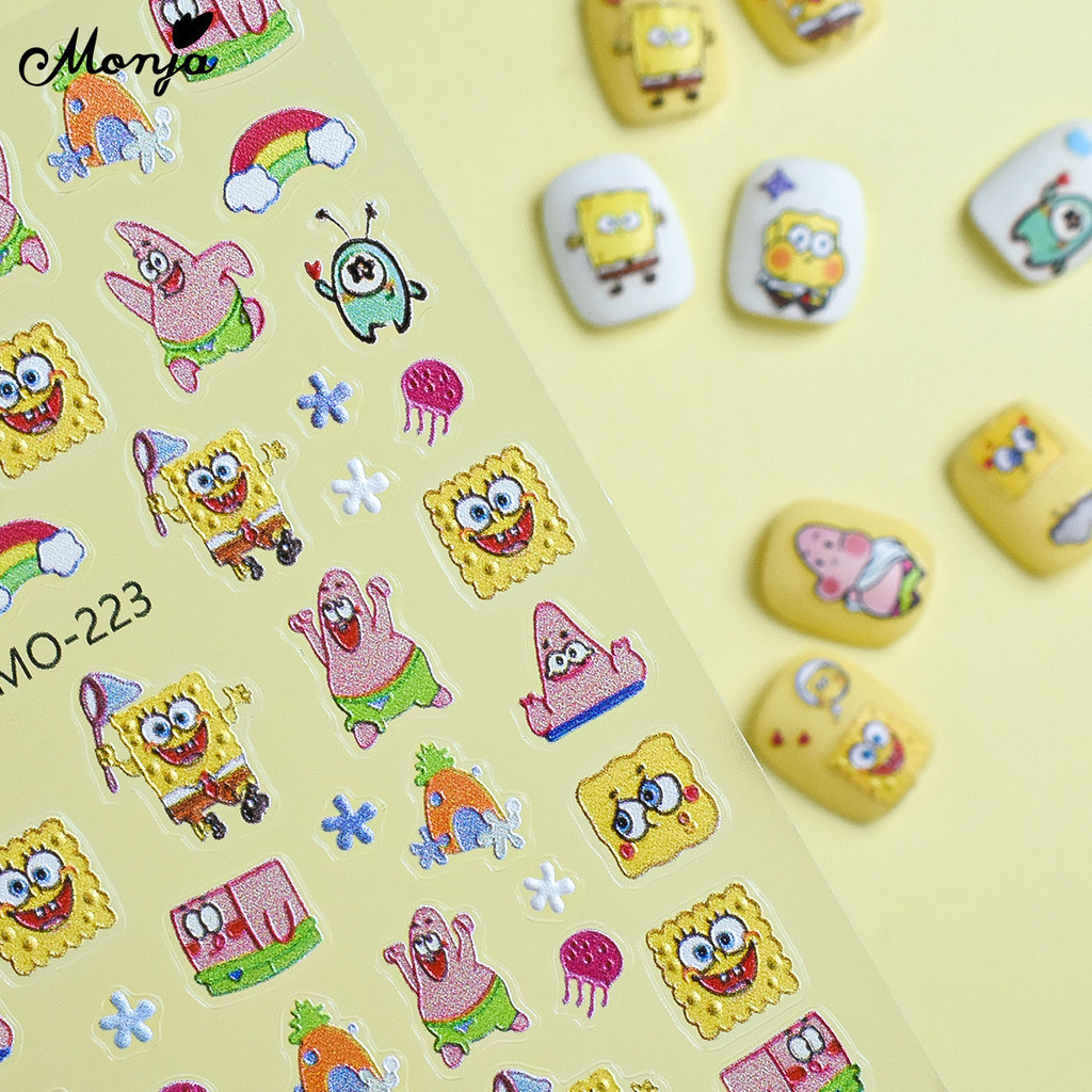 Monja 3D Embossed Nail Stickers Relief Cute Cartoon SpongeBob ...