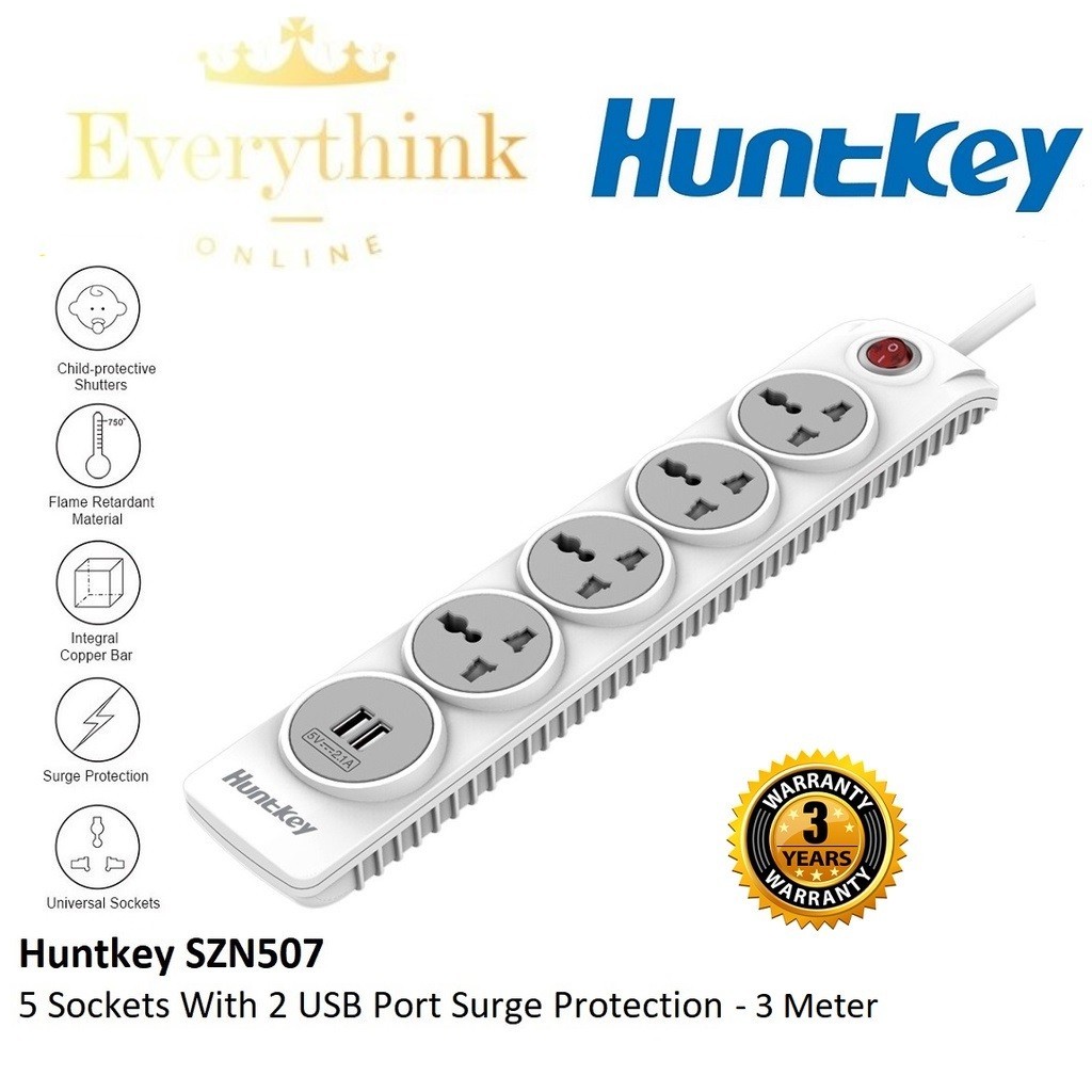 HUNTKEY SZN507 4 PLUGS + 2 USB PORT EXTENSION SOCKET PLUG CHILD-PROTECTIVE SHUTTER & SURGE ...