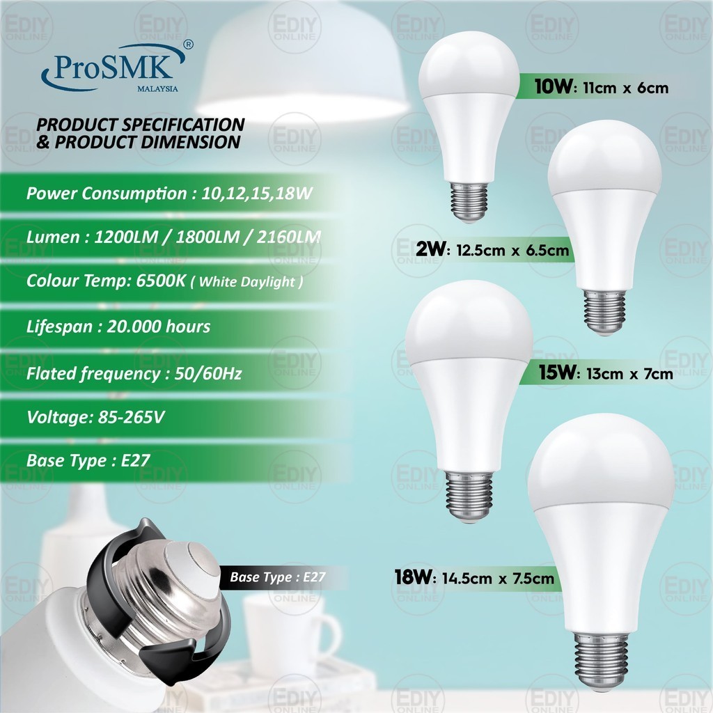 【NEW】PROSMK 10W 12W 15W 18W E27 LED Bulb Downlight 6500k White Daylight ...