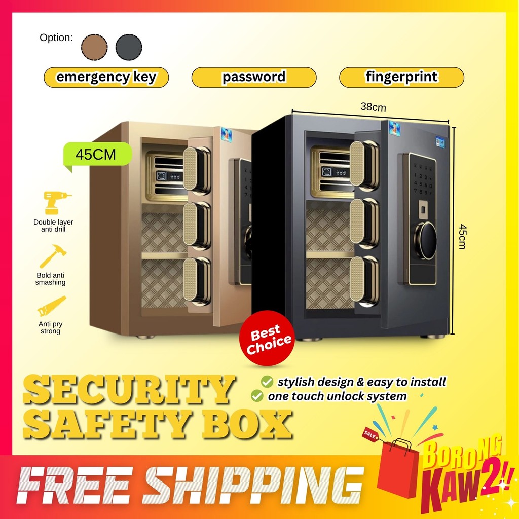 Digital Safety Box With Fingerprint Lock Password Emergency Key 45CM Security Box Peti Besi ...