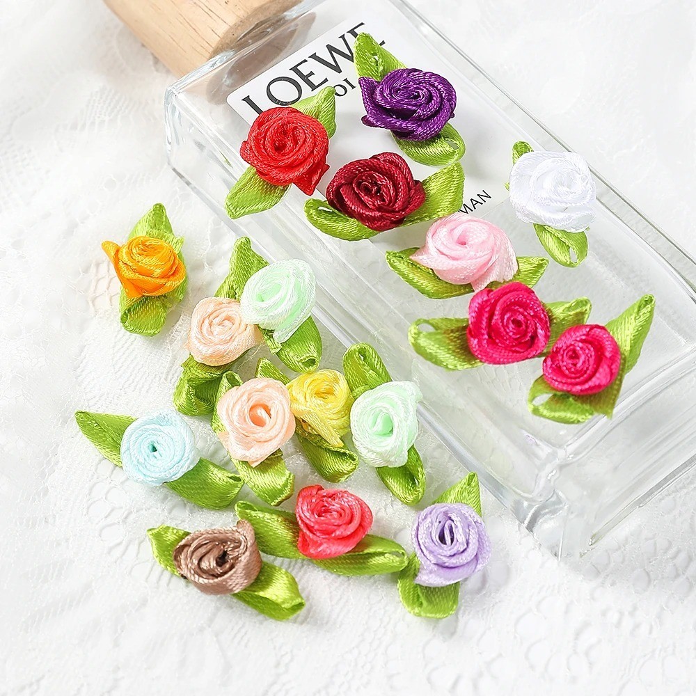 50PCS Mini Handmade Rose Flower Satin Ribbon Rosettes Fabric Appliques ...