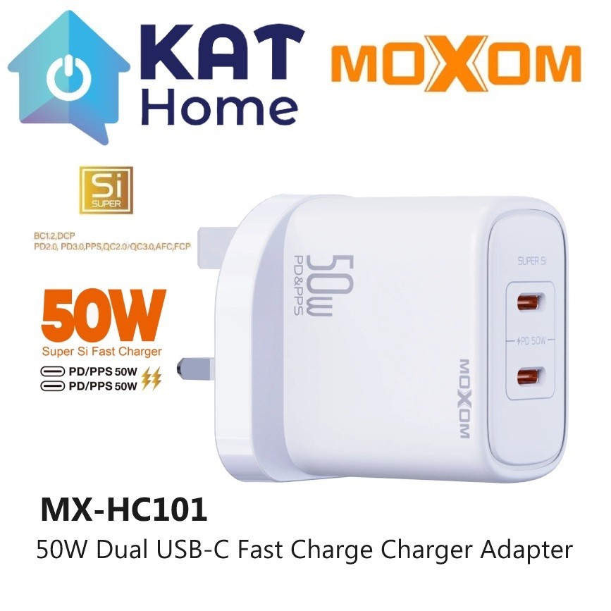 MOXOM MX-HC101 USB-C PD 50W SUPER SI FAST CHARGER ADAPTER WITH PD 50W + QC3 DUAL TYPE C FAST ...