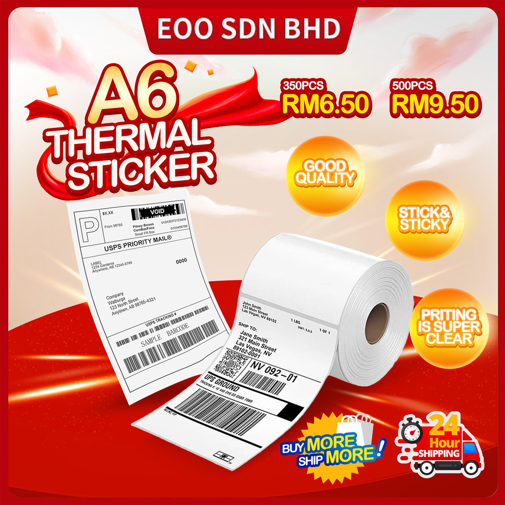 👑EOO PACKAGING👑 350 500pcs Thermal Sticker A6 Paper Roll Stack Airway Bill Sticker Thermal Label ...