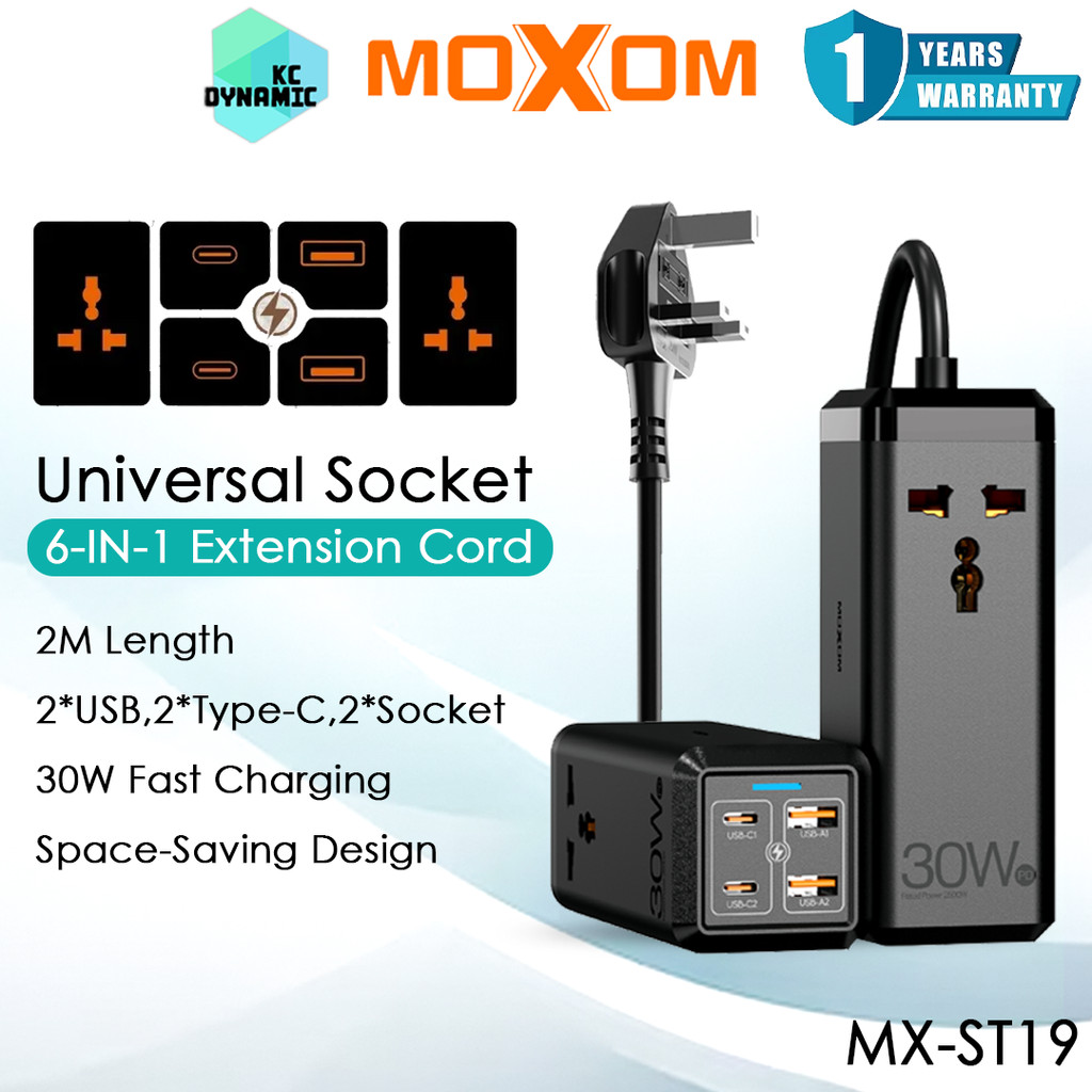Moxom MX-ST19 6 in 1 Universal Socket Extension Socket Power Cord ...