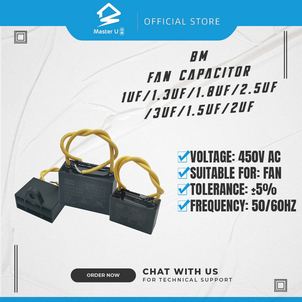 (BM)FAN CAPACITOR WIRE TYPE CBB61-P2 450V 1UF/1.3UF/1.5UF/1.8UF/2UF/2 ...