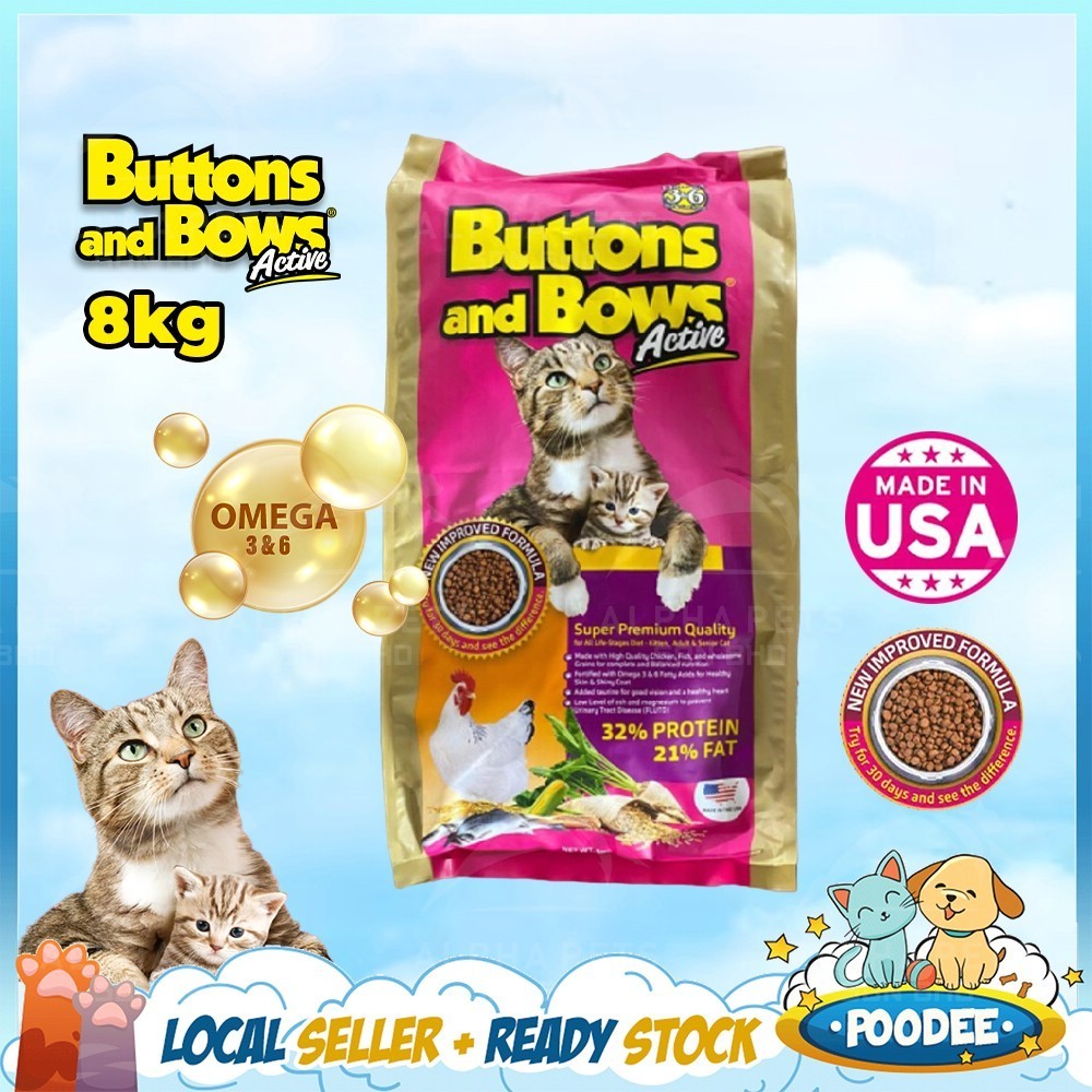 POODEE PETS Buttons & Bows Active 8kg Cat Dry Food USA Cat Food Pet ...