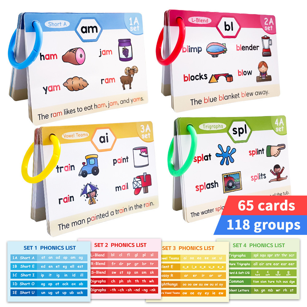65Pcs Phonics English Flashcards for Kids Children Kindergarten CVC ...