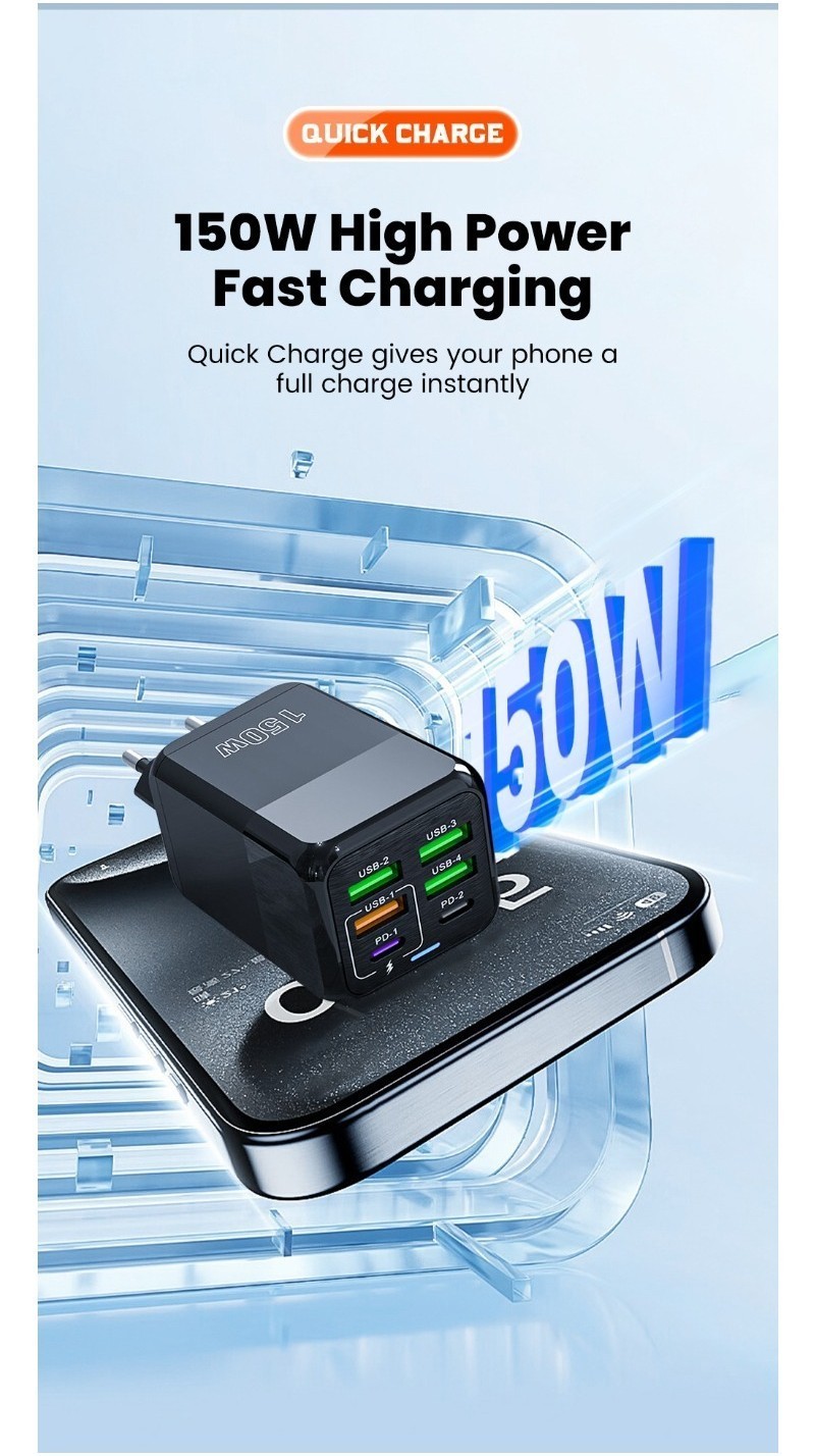 150W Quick Charger 6 port USB Type C PD Charger Fast Charger For ...