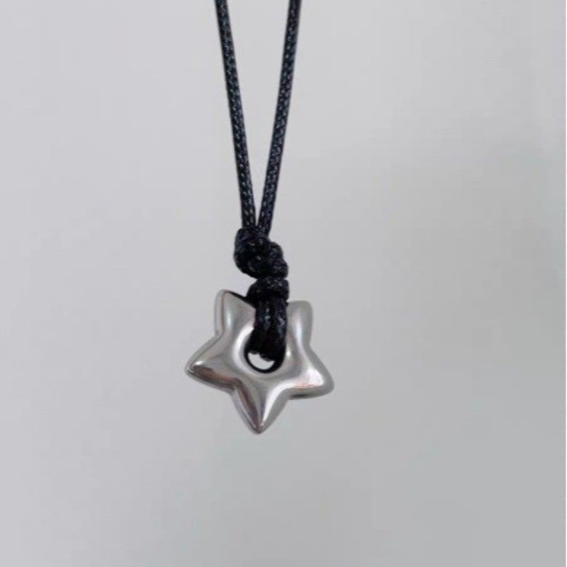 Korean Ins Style Hollowed Out Star Pentagram Black Rope Necklace with ...