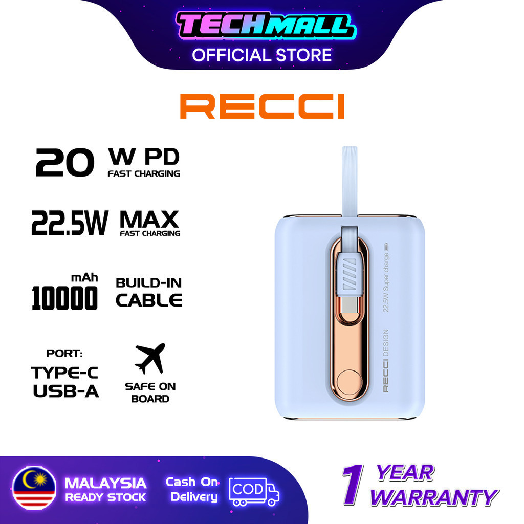 RECCI RPB_P12 22.5W + PD20W POWER BANK 10000MAH (BUILT-IN TYPE-C + IOS DEVICE CABLE) | Shopee ...
