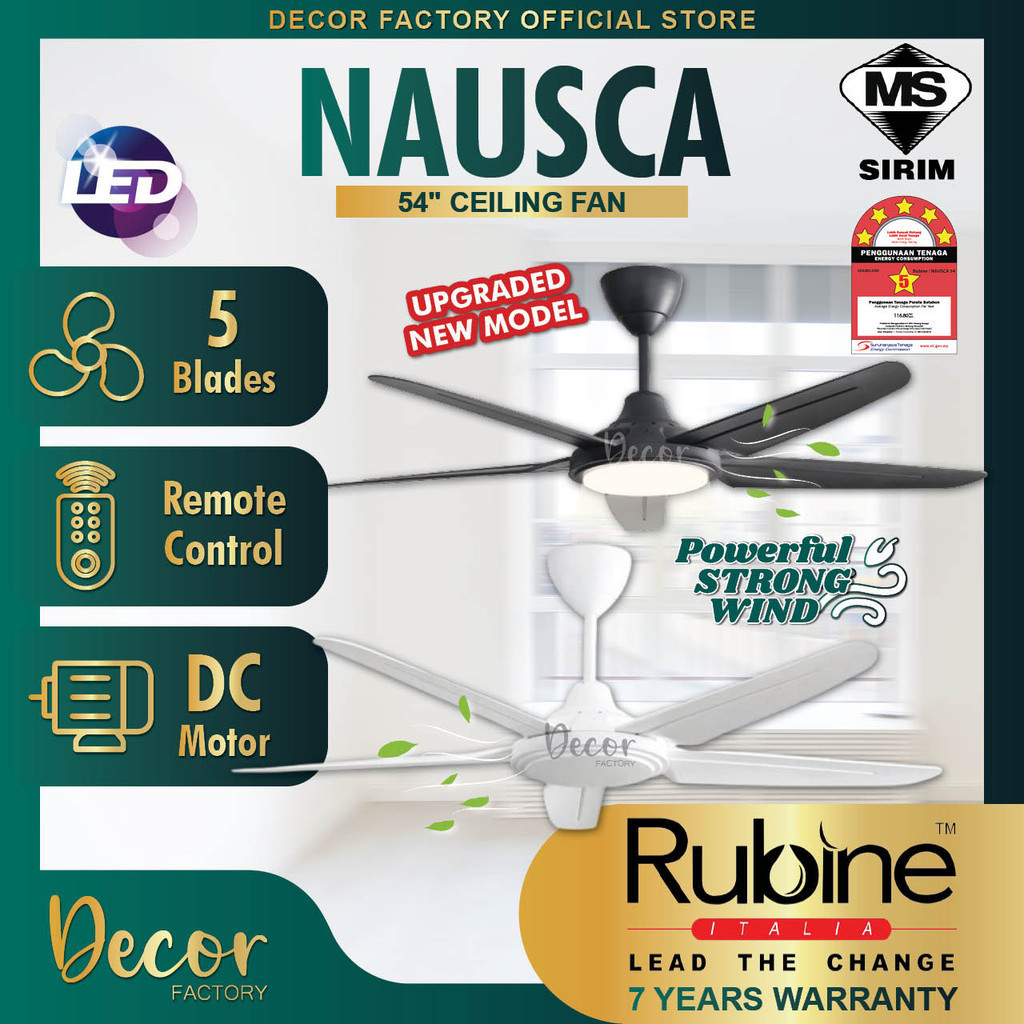 RUBINE Fan RUBINE NAUSCA Series 54" 5 Blades 18 Speed DC Motor Remote ...