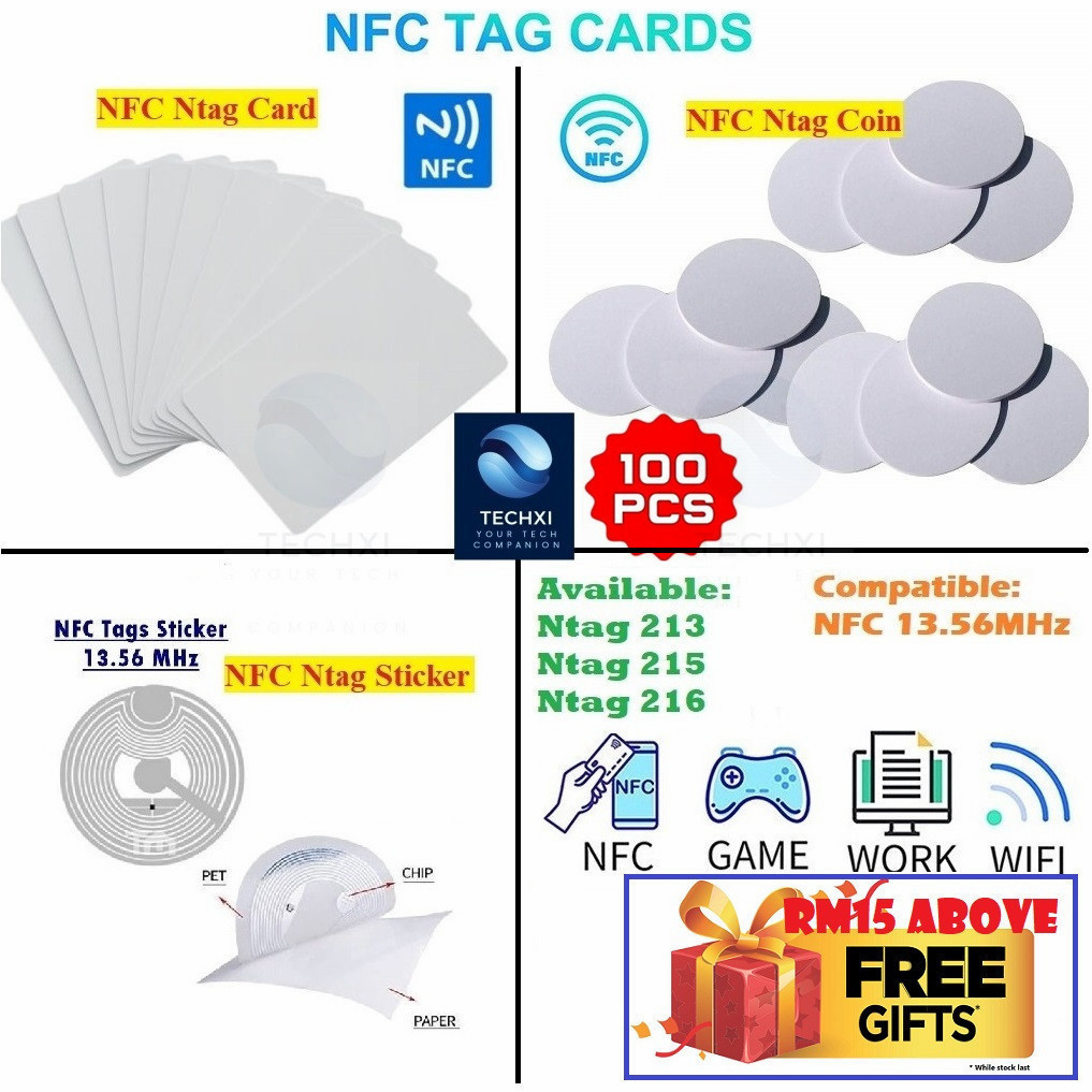 [100 PCS] NFC Ntag 213 /215 / 216 White Blank Card / Coin / Sticker for ...