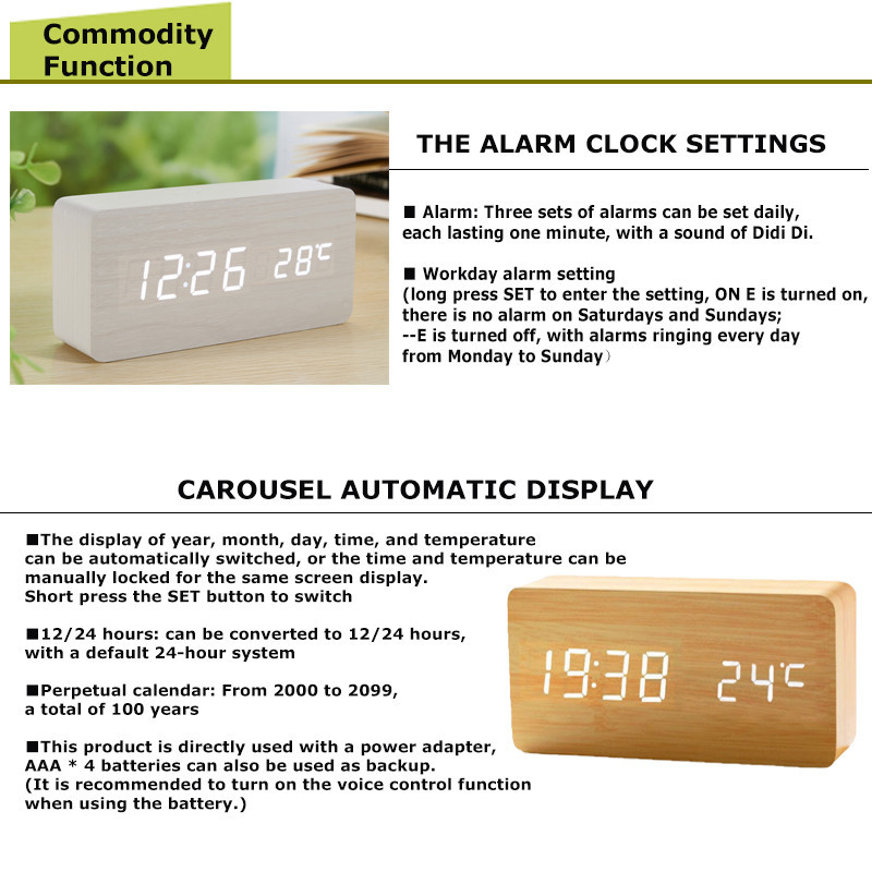 Desktop Clock Wooden LED USB Powered Digital Clocks Voice Control ...