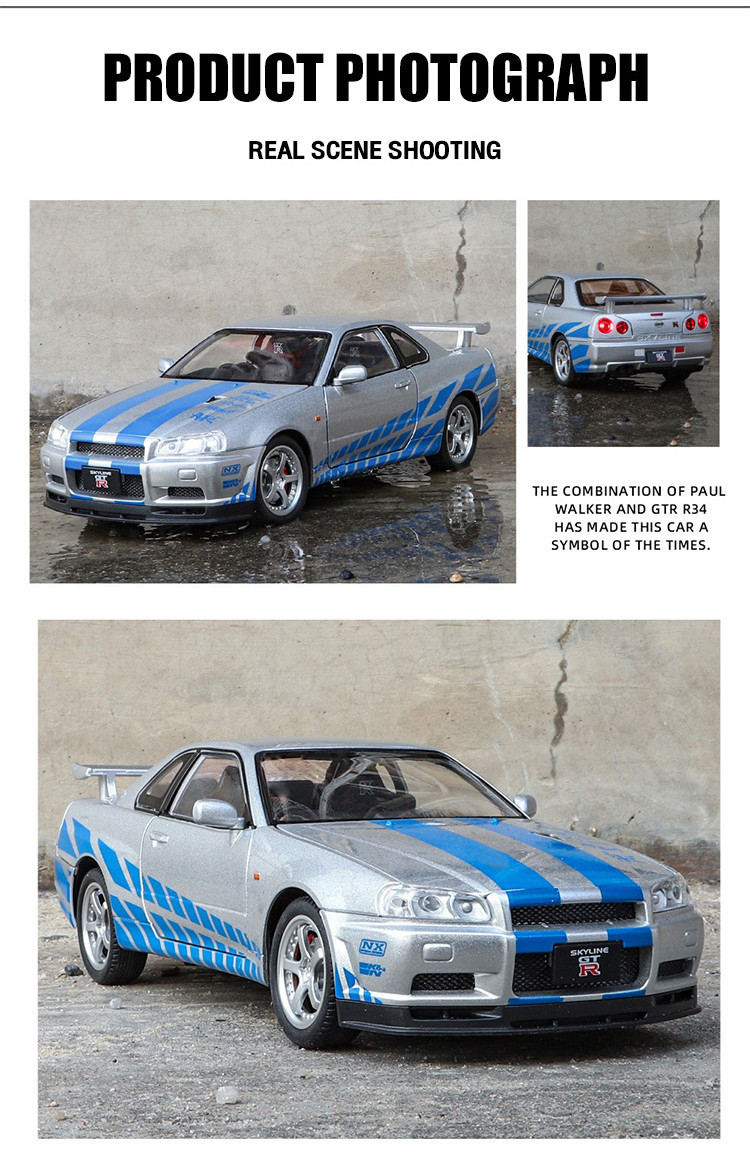 KLT 1:24 Nissan GTR R34 Metal Alloy Toys Car Model Diecast Vehicle For ...