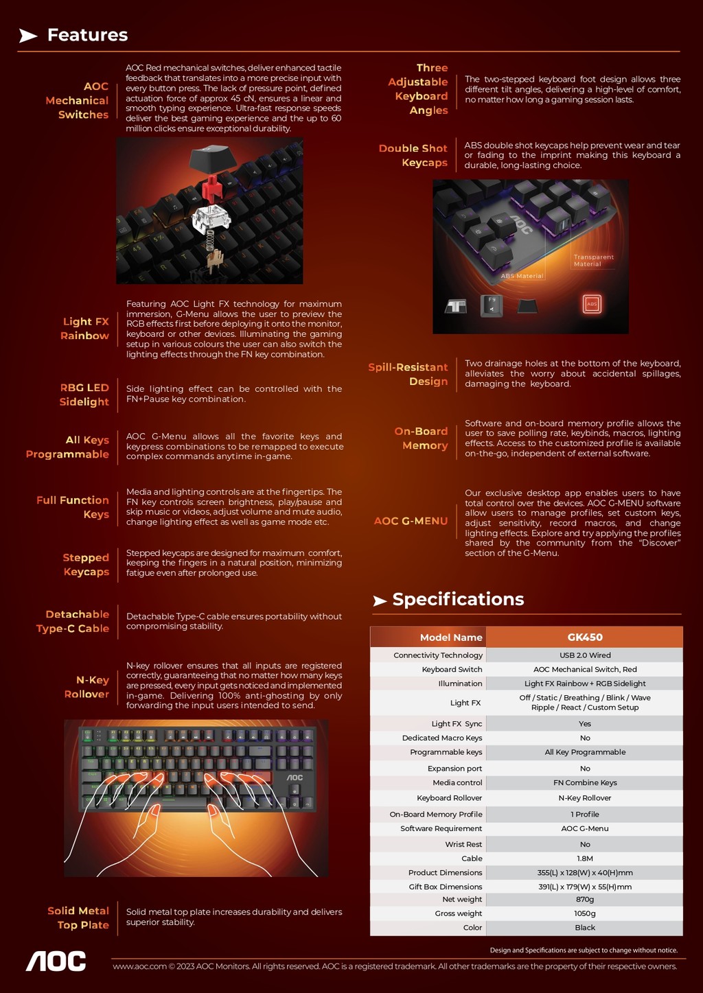 AOC GK450 WIRED GAMING KEYBOARD WITH AOC MECHANICA SWITCHES, LIGHT FX ...