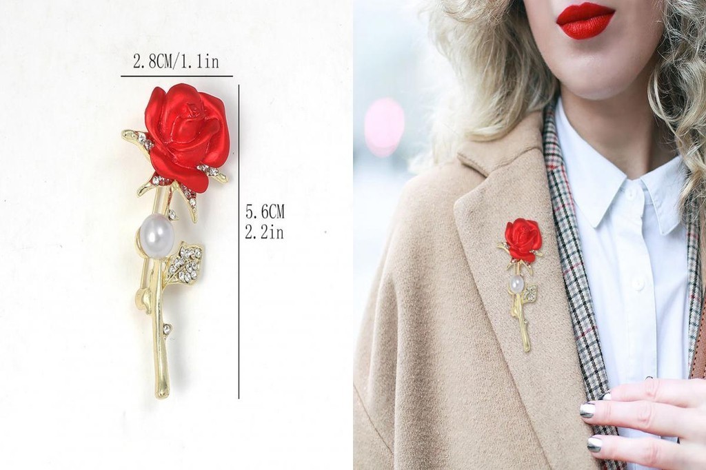 LK Red Rose Brooch Lady Formal Brooch Elegant Rose Shape Rhinestone ...
