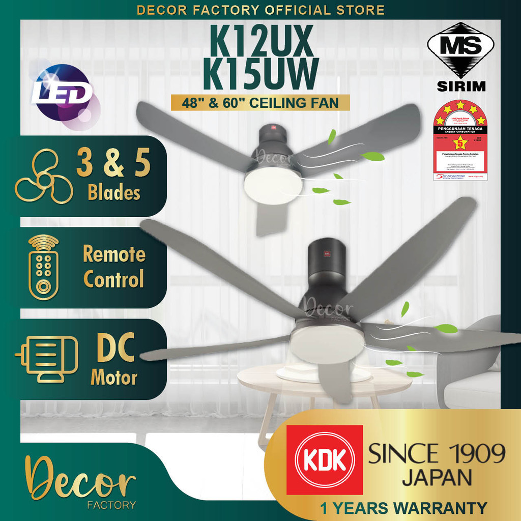 KDK Fan KDK K12UX 48" 3 Blades | K15UW 60" 5 Blades Short/Long Pipe 9 ...