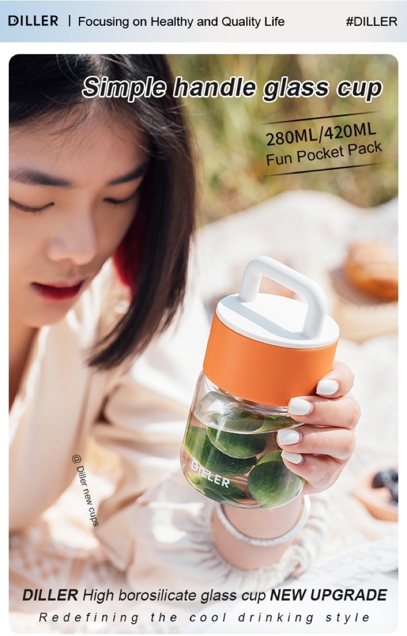 Diller EasyHandle Borosilicate Glass Water Juice Mug Bottle 388MLH568 (280ml/420ml) | Shopee ...