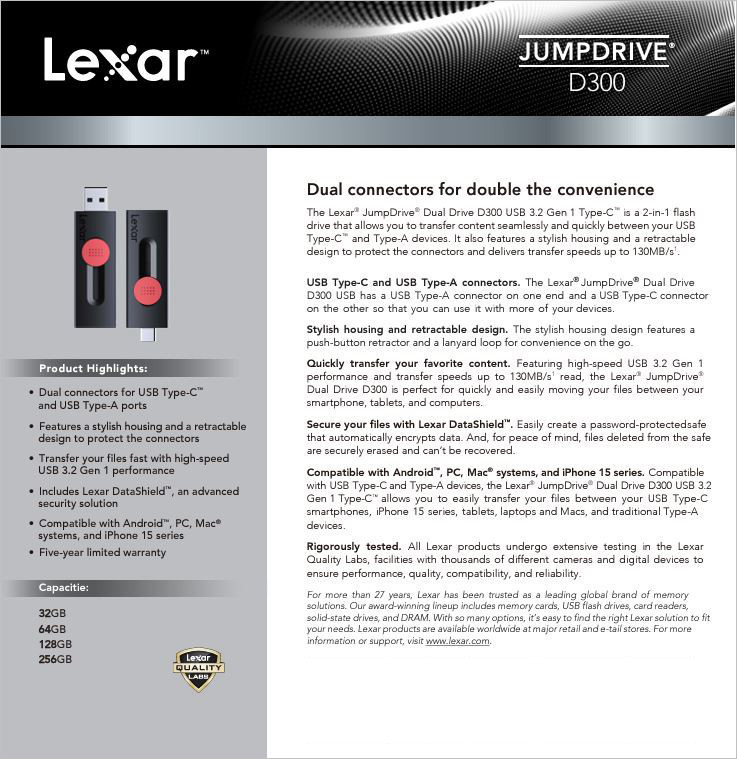 Lexar JumpDrive Dual Drive D300 OTG USB 3.2 Type-C & Type-A (32GB ...