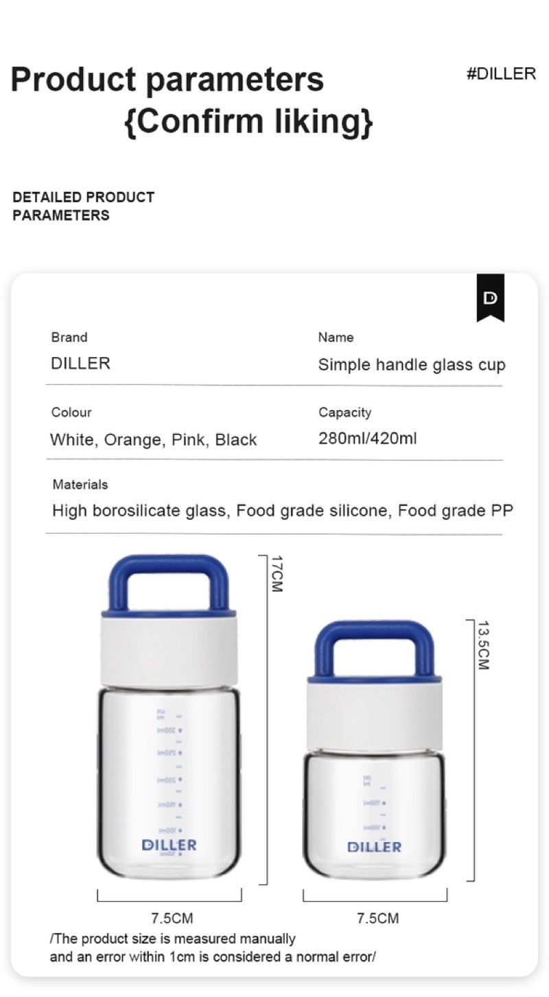 Diller EasyHandle Borosilicate Glass Water Juice Mug Bottle 388MLH568 (280ml/420ml) | Shopee ...