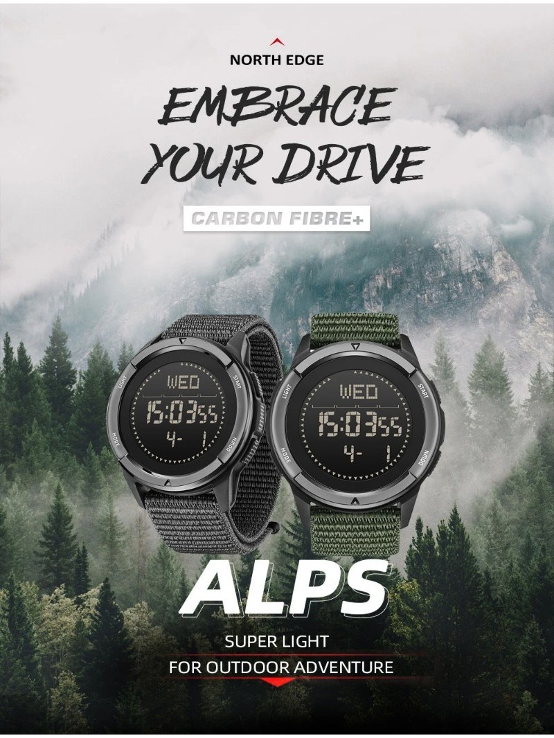 NORTH EDGE ALPS Men's Digital Carbon fiber Watch Shock Militray Sports ...