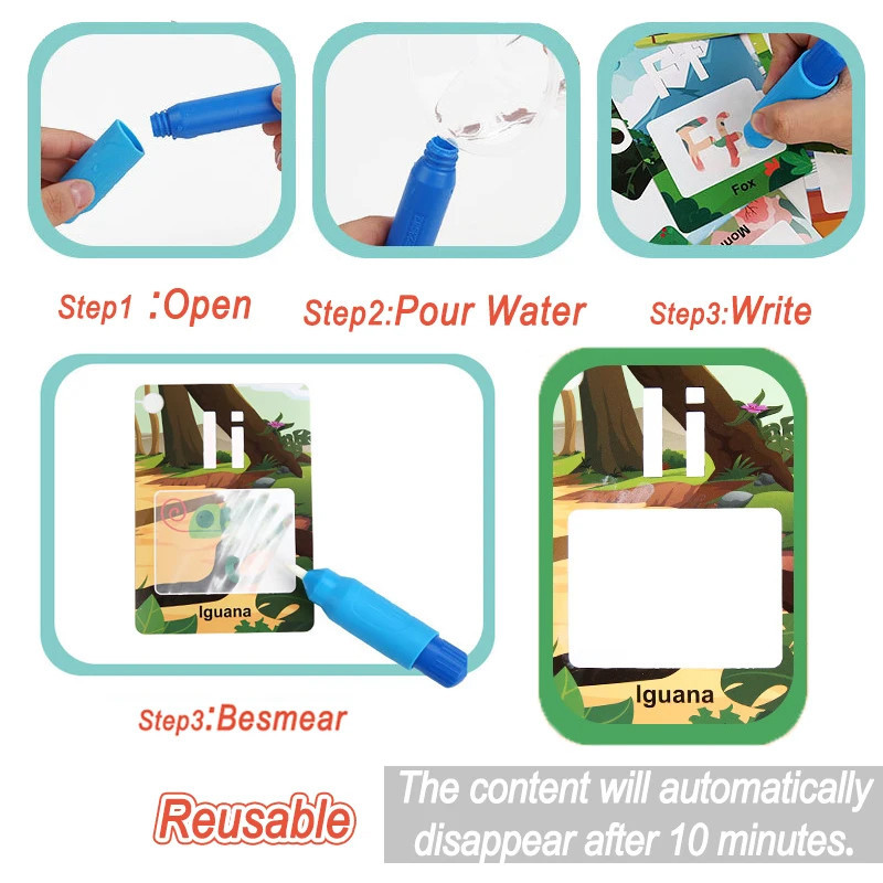 Children Kids Magic Water Drawing Learning Card 26 Flash Cards Early ...