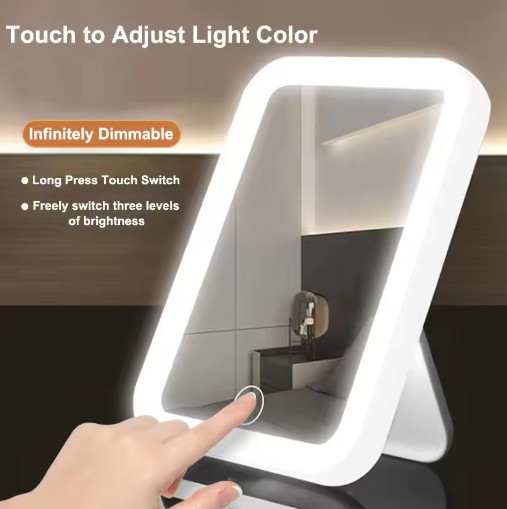 LED makeup mini mirror with stand desktop folding compact white square ...