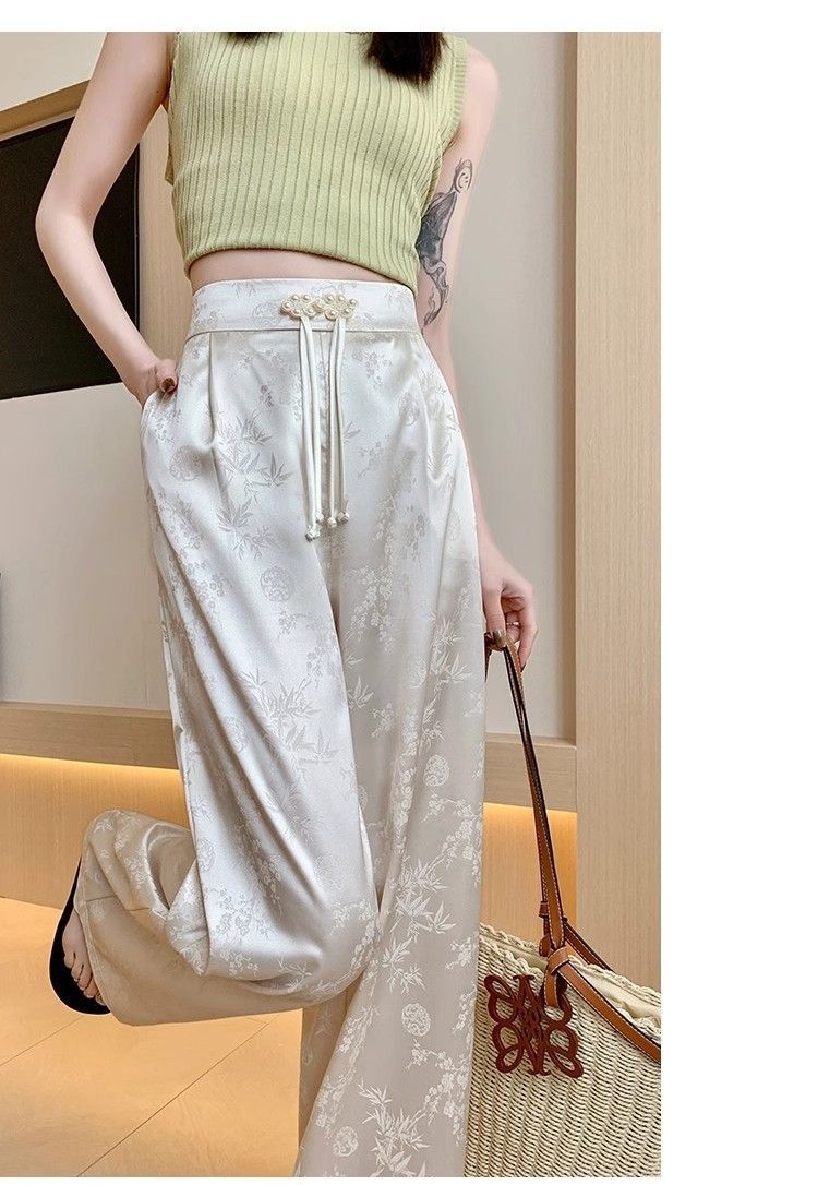 New White Chinese Style Satin Wide-Leg Pants Women's Spring and Summer ...