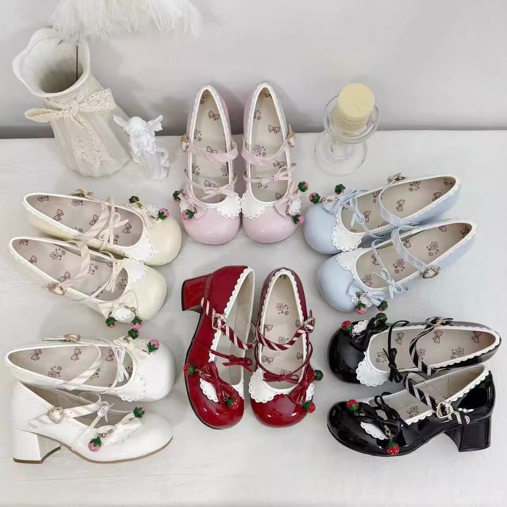 Strawberry Story Mid-heel Bow Shoes Women Contrast Color Cute Round Toe ...