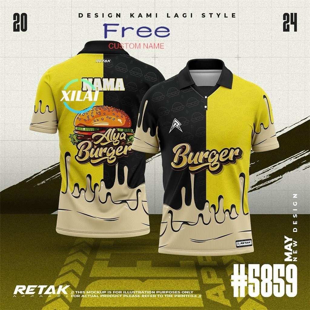 yuns BURGER Baju Jersey Viral Baju Kelas Jersi Custom Name and Number Unisex Retro Collar Baju ...