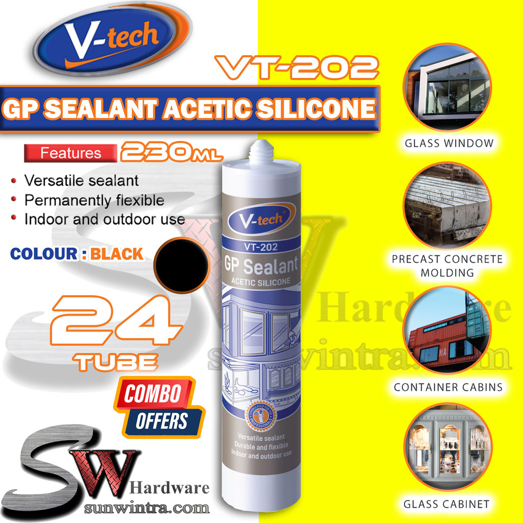 COMBO 1CTN/24 TUBES 2X V-TECH 230ML VT-202 SILICONE SEALANT GP SEALANT VT202 (CLEAR/BLACK/GREY ...