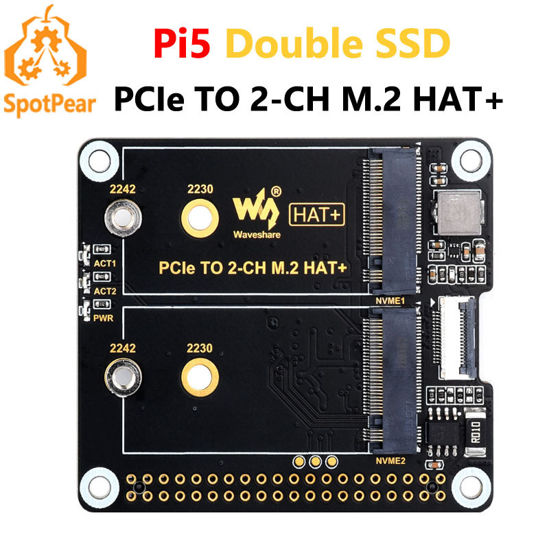 Raspberry Pi 5 PCIe to M.2 NVMe Dual SSD PCIe-TO-2-CH-M.2-HAT+ Board ...