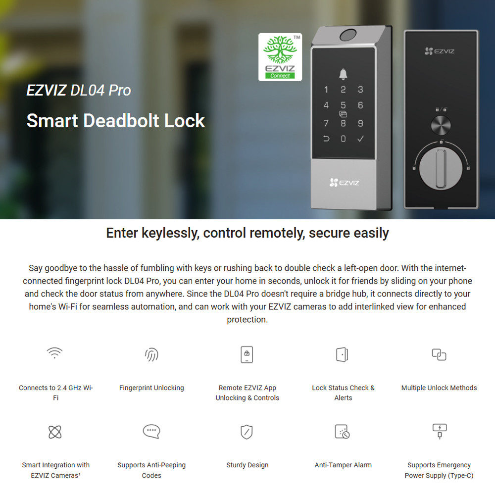 Ezviz DL04 Pro Smart Home Deadbolt Lock Security Fingerprint Door Lock ...
