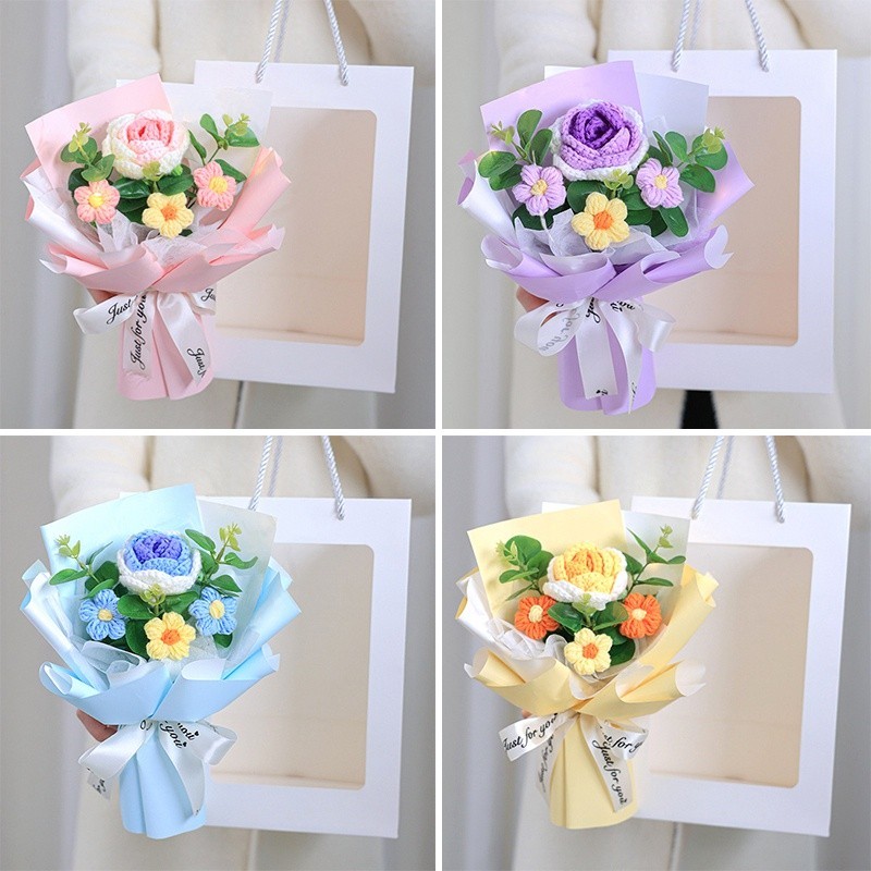 Rose Flower Crochet Bouquet Mother's Day Gift Hand Woven Sunflower ...